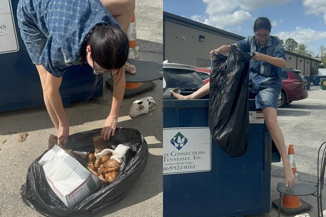 Hình ảnh Trang Trần bù đầu ngồi bới rác bên Mỹ gây sốc